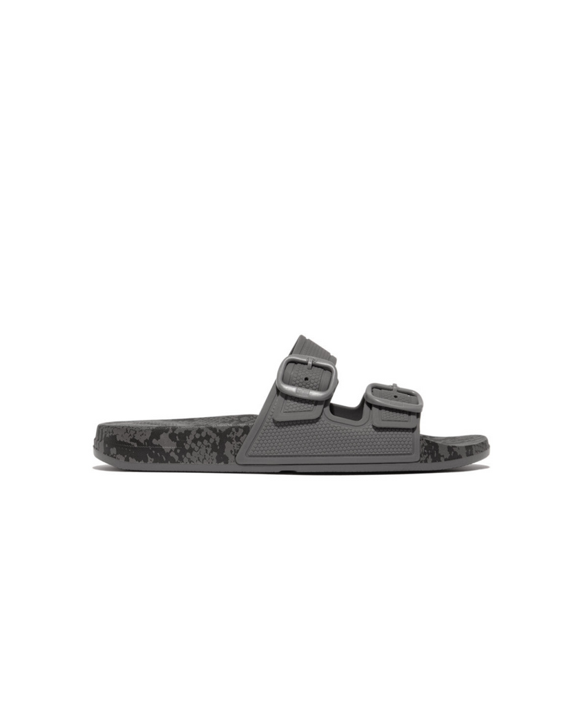 Fitflop iQushion Snake Print Two Bar Buckle Slides Pewter – Bstore