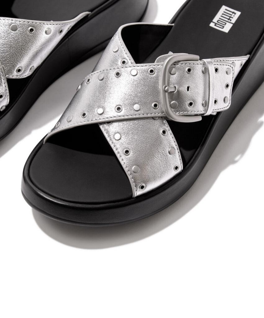 Fitflop F-Mode Buckle Stud M/Leather Flatform Cross Slide Silver – Bstore