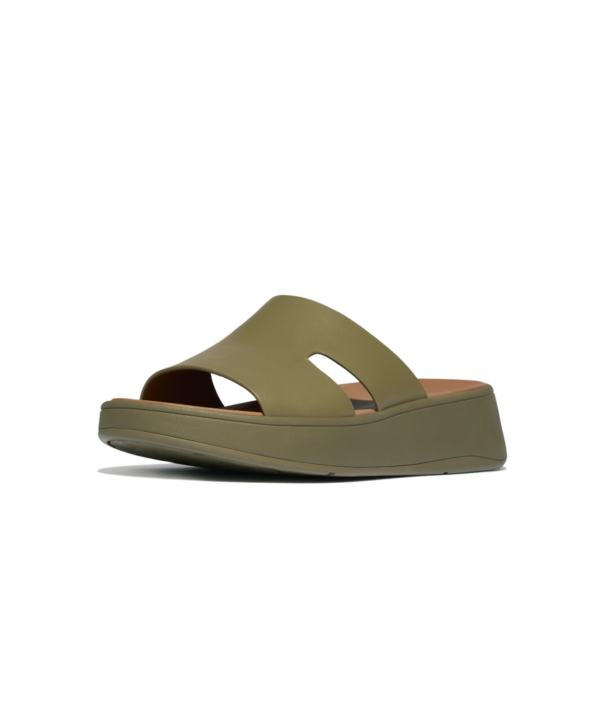 FitFlop F-Mode Raw Edge Leather Flatform H-Bar Slides Camo Green – Bstore